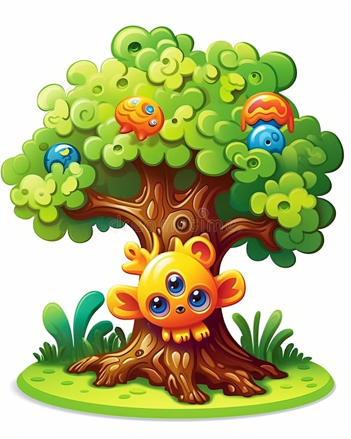 An Illustration of a Cartoon Tree with an Orange Monster Sitting on Top ...