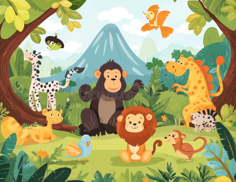 An Illustration of Cartoon Wild Animals Playing in a Green Field Stock ...