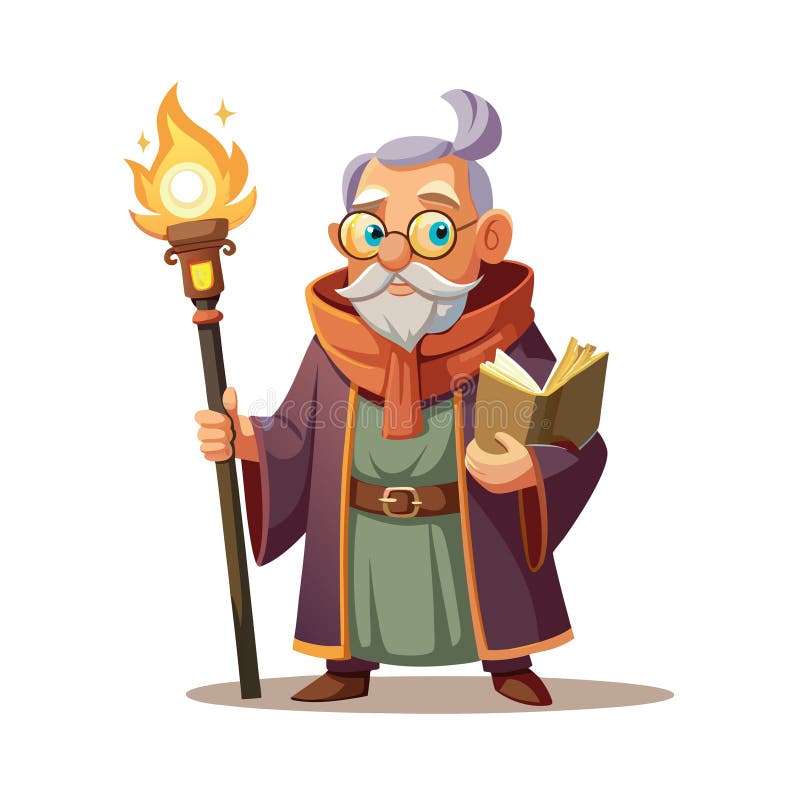 Cartoon Wizard with Staff and Book Vector Illustration Stock Vector ...