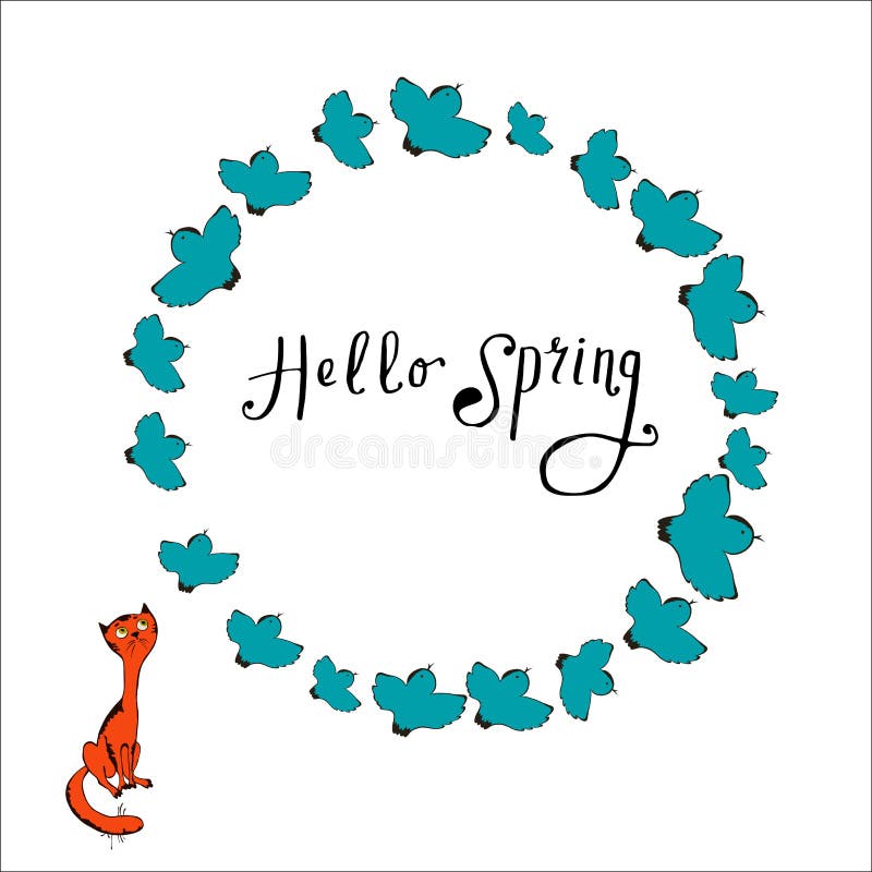 Illustration of Cat and Bird, Frame with Text Hello Spring Stock ...