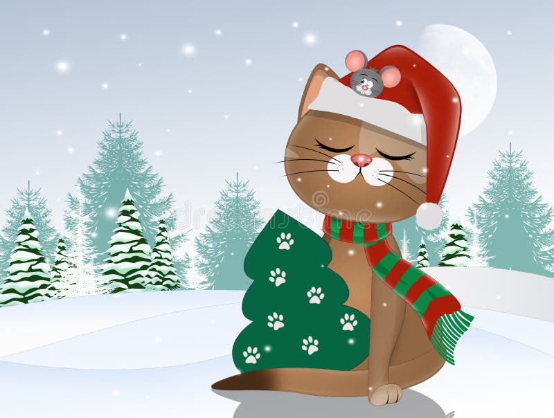 Cat at Christmas with tree stock illustration. Illustration of cats ...
