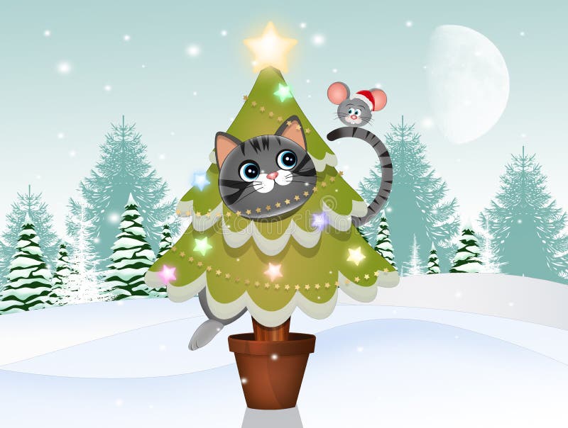 Illustration of Cat in the Christmas Tree Stock Illustration ...