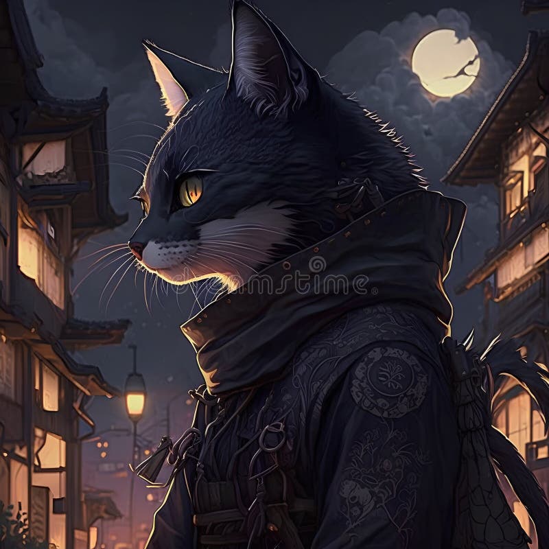 Illustration of a Cat in a City at Night with Full Moon Stock ...