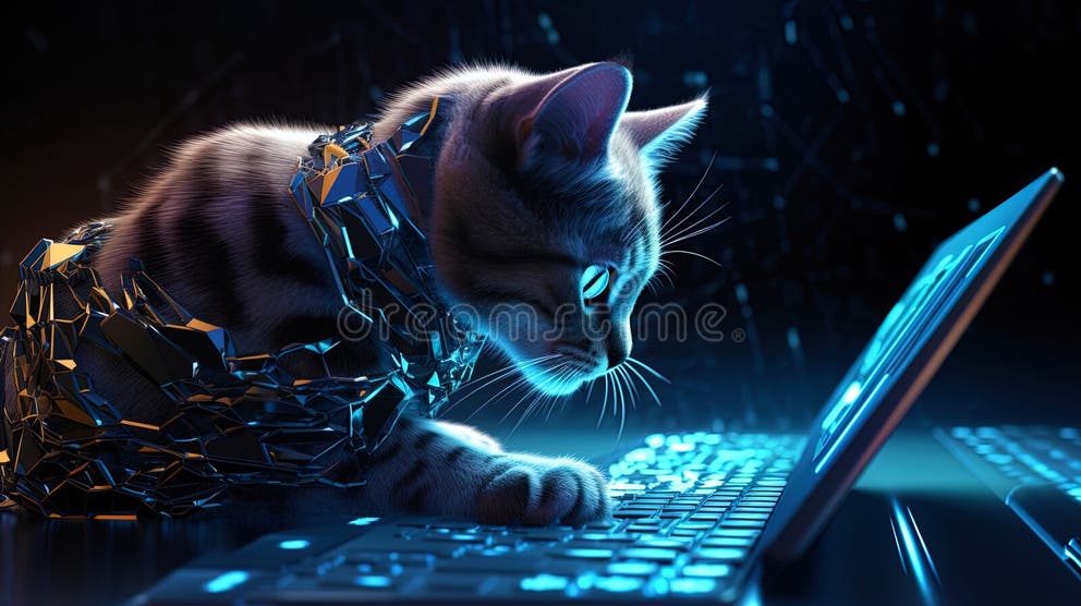 An Illustration of a Cat with a Cybernetic Tail Performing a Hacker ...