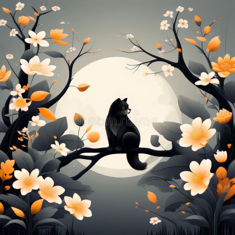 Illustration of the Cat and Flowers in Moon. Stock Illustration ...