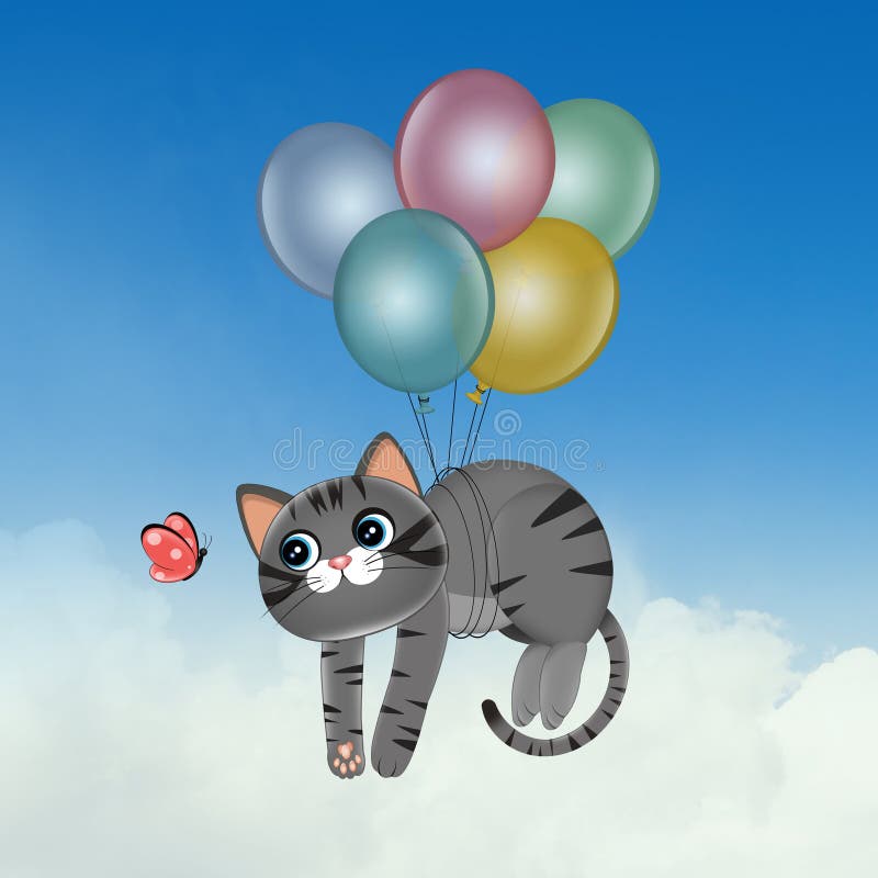 Illustration of the Cat Hanging on the Flying Balloons Stock ...