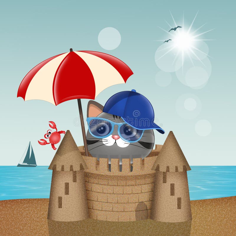 Cat Making Sandcastle at the Beach Stock Illustration - Illustration of ...