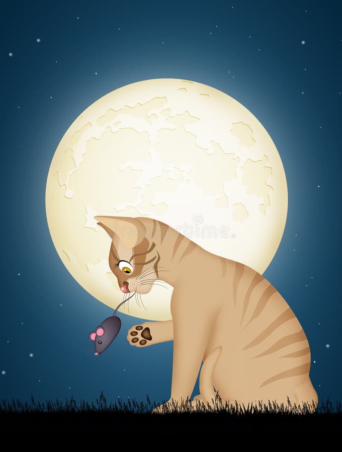 Cat with Mouse in the Moonlight Stock Illustration - Illustration of ...