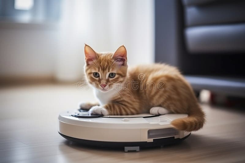 Illustration, Cat Sitting on the Cleaning Robot, Ai Generative Stock ...