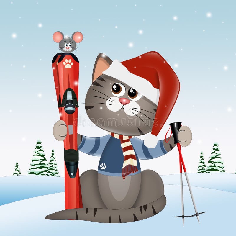 Illustration of Cat on Skis in the Snow Stock Illustration ...