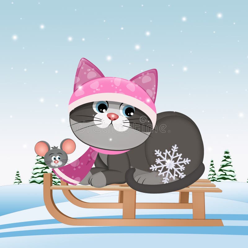 Illustration of Cat on Sled in the Snow Stock de ilustración ...