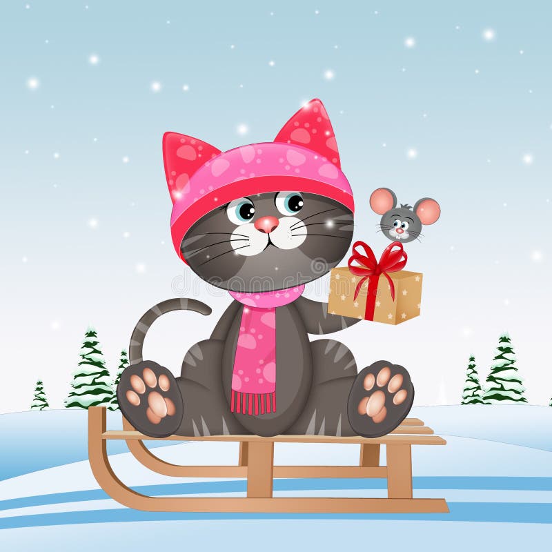 Funny Cat on Sled in the Snow Stock Illustration - Illustration of ...