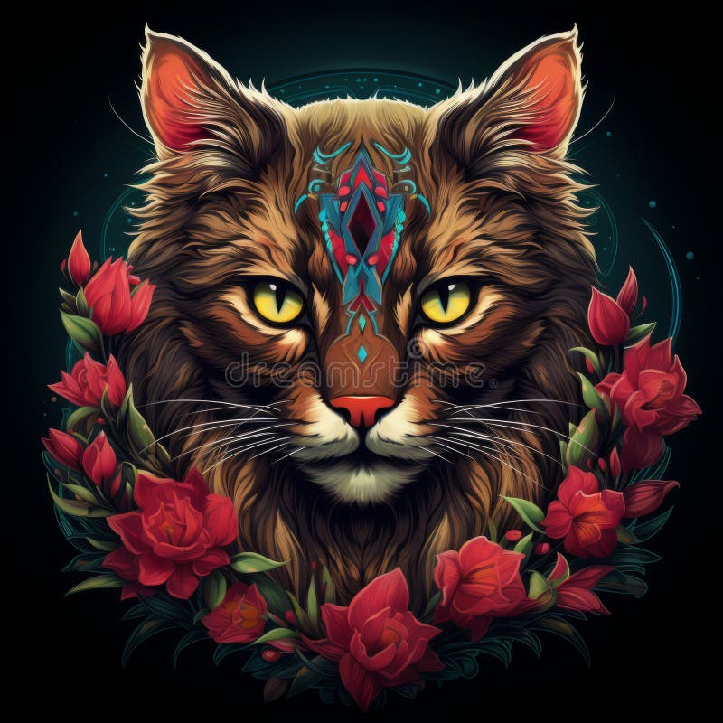 An Illustration of a Cat Surrounded by Roses Stock Illustration ...