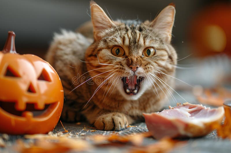 A Cat is Yelling while Eating Some Ham, High Quality, High Resolution ...