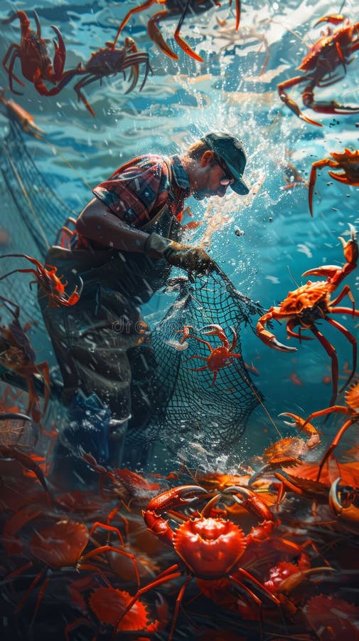 Illustration of Catching Crabs from a Ship, Close-up of Large Crabs ...
