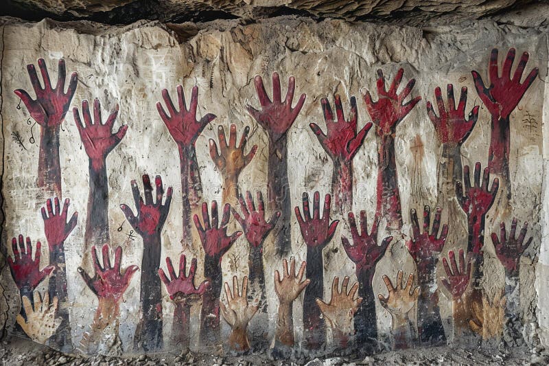 Cave Painting of Hands, Many, Red and Brown, on Cave Wall Stock ...