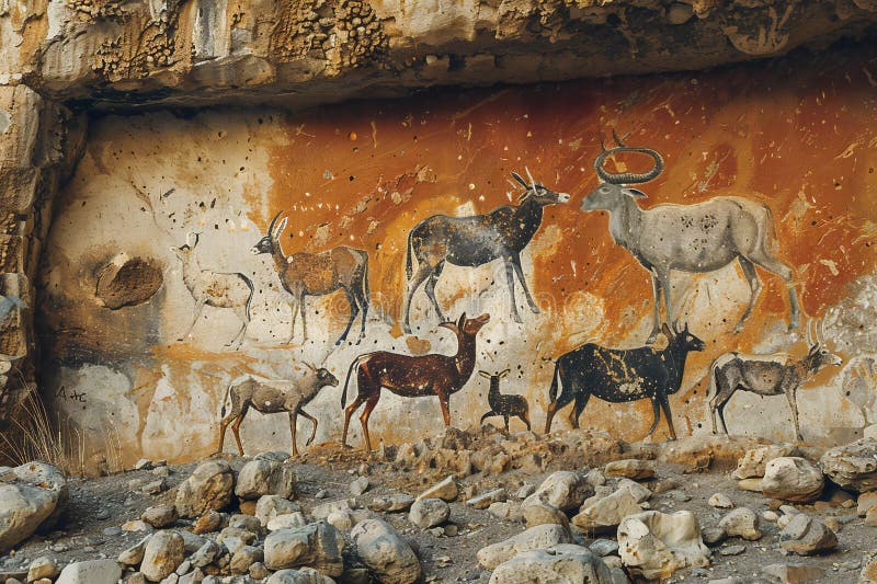 A Cave Painting of Several Animals on the Rocks in Front of an Orange ...