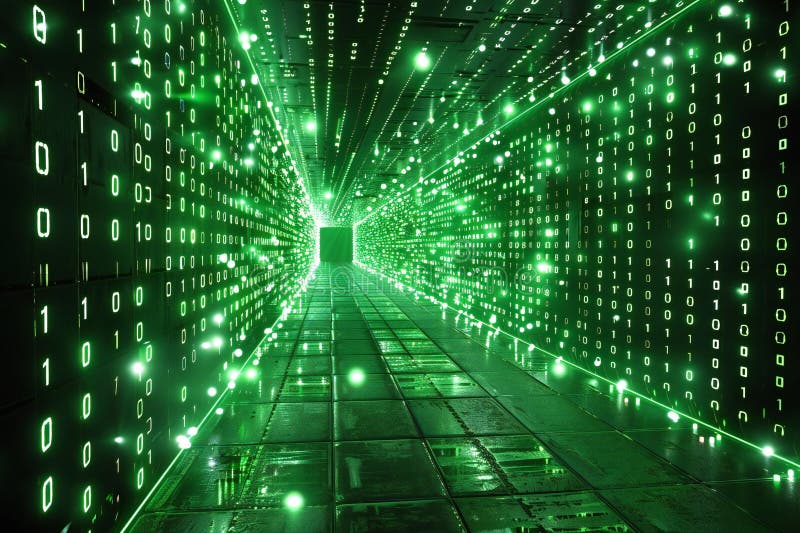 Green Code Matrix Background, on a Computer Screen, Binary Code Falling Down the Centre of a ...