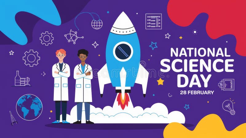 National Science Day Illustration with Scientists and Rocket Launch ...