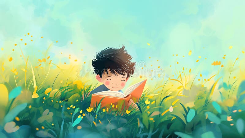 Charming Boy Reading in the Grass - World Book S Day Stock Illustration ...