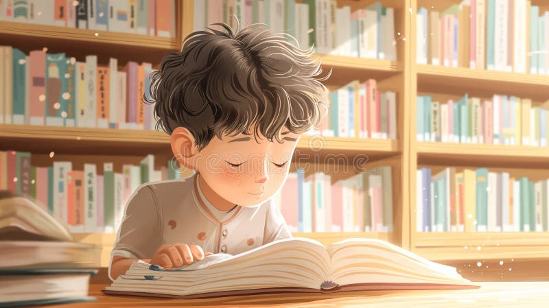 Charming Boy Reading in the Library - World Book S Day Stock ...