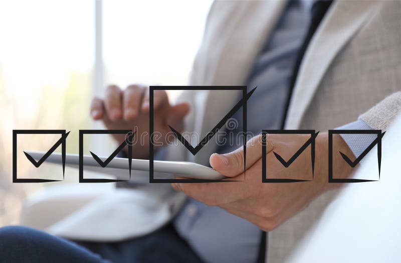Illustration of Check Boxes with Marks and Man Using Tablet, Closeup ...