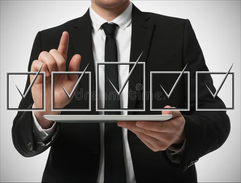Illustration of Check Boxes with Marks and Man Using Tablet on Light ...