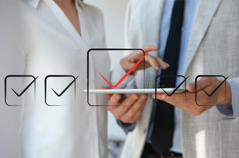 Illustration of Check Boxes with Marks and People Using Tablet Stock ...