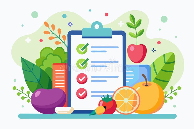 Illustration of a Checklist with Checkmarks and Healthy Food Items ...