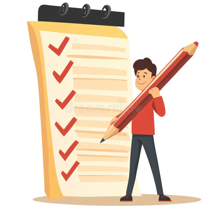 Man with Pencil Marking Completed Tasks on To-do List. Stock Vector ...