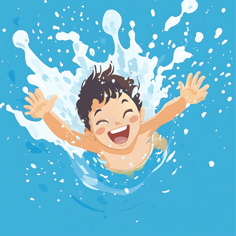 A Young Boy with a Wide Grin Bursts through a Splash of Water, Arms ...