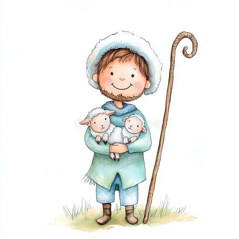 Illustration of a Cheerful Shepherd Holding Two Lambs Stock ...