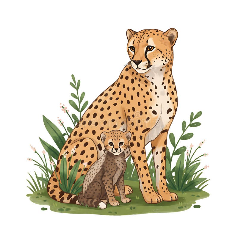 Cheetah and Cub Sitting Isolated on White Background Stock Illustration ...