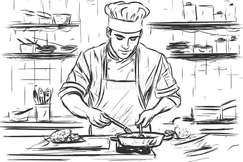 Illustration of a Chef Cooking in a Professional Kitchen Setting. Stock ...