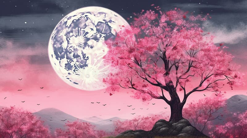 Illustration of Cherry Blossom Tree in the Night with Full Moon ...