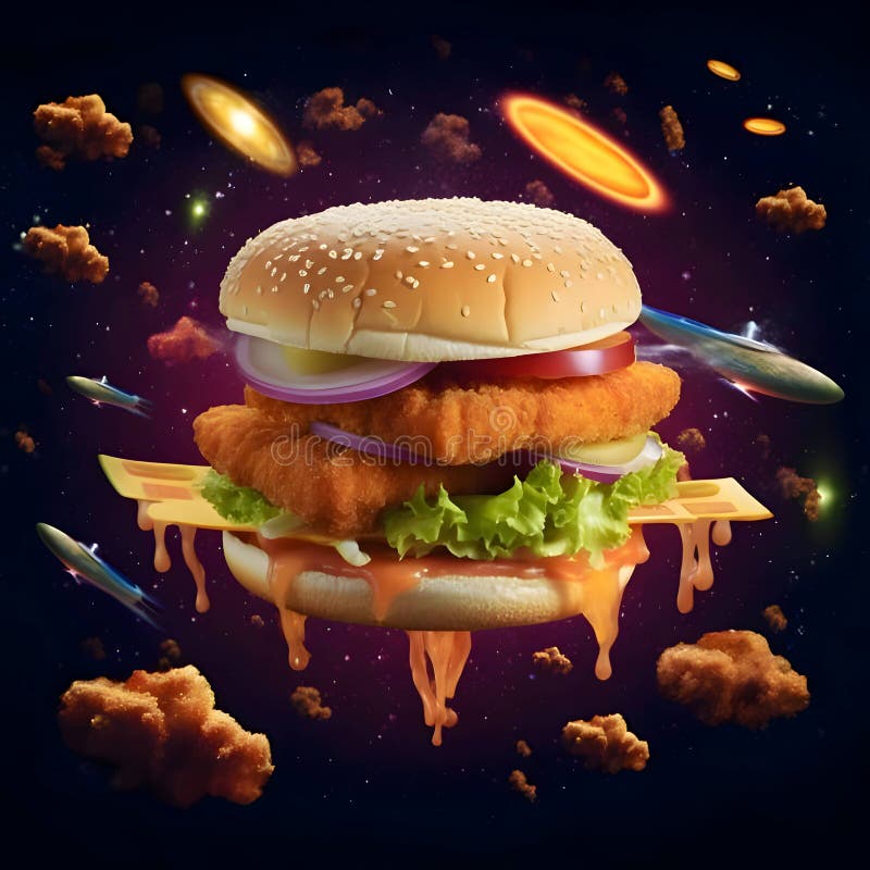 Illustration - Chicken Burger on the Background of Space with Flying ...