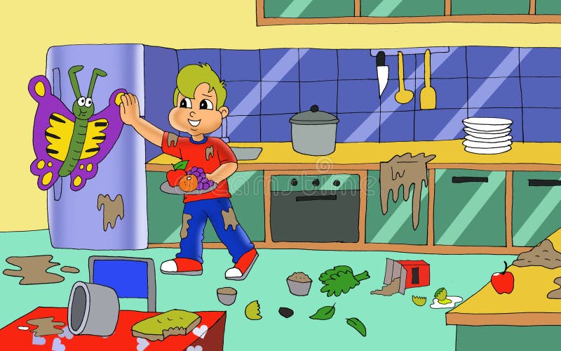 Illustration of a Child and a Butterfly Making a Mess in the Kitchen ...