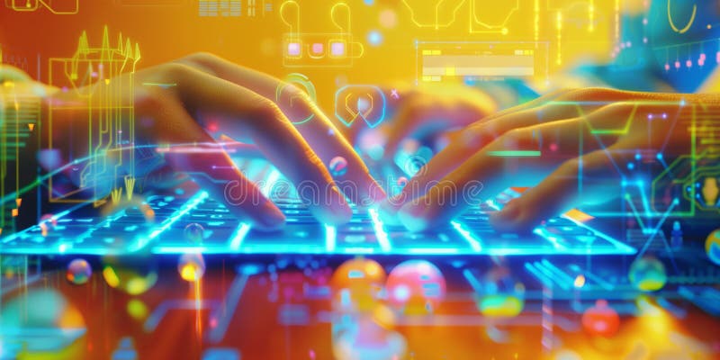 Illustration of Human Hands in Typing on Bright Blue Keyboard Stock ...