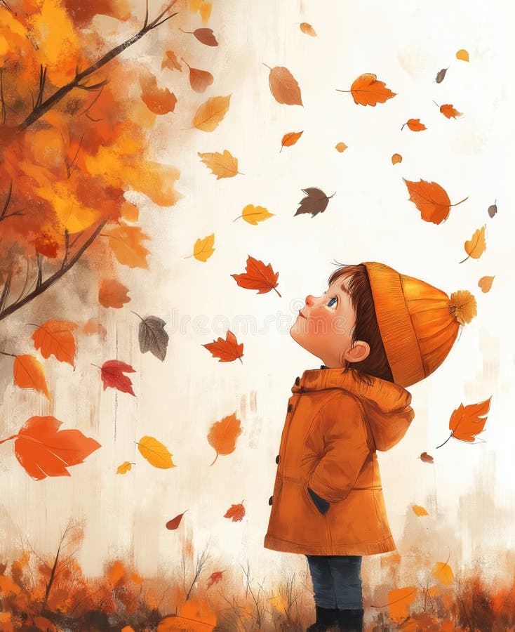 Illustration of Child Watching Leaves Fall in Park. Stock Photo - Image ...