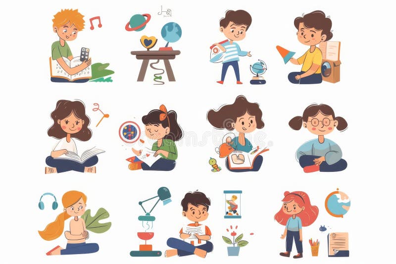 Children Exploring Educational Subjects Stock Illustration ...
