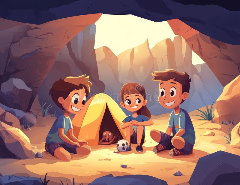 Illustration of Children Camping Out in a Cave Stock Photo - Image of ...