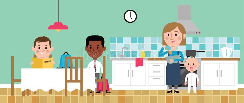 Illustration of Children Doing Homework in Kitchen Stock Vector ...