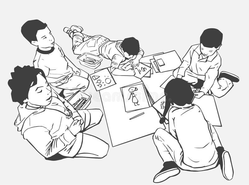 Illustration of Children Drawing in School, Kindergarten Stock ...