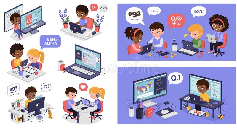 Illustration of Children Engaging with Technology, Featuring Diverse ...