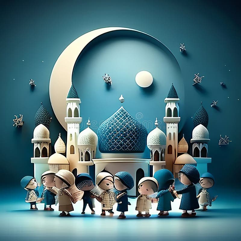 Illustration of Children in Front of the Mosque with the Theme of ...