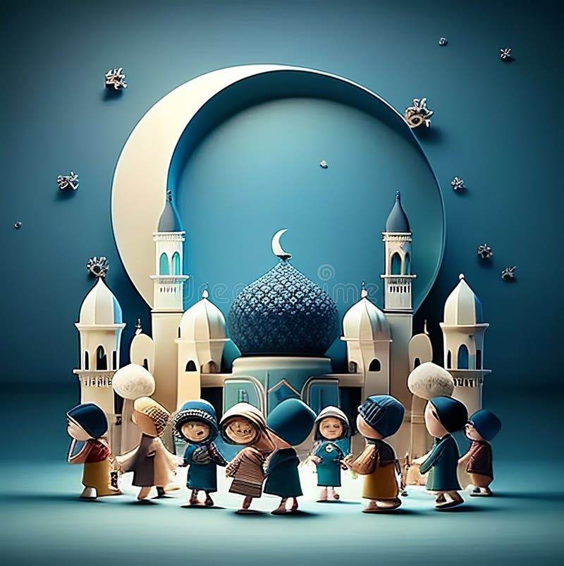 Illustration of Children in Front of the Mosque with the Theme of ...