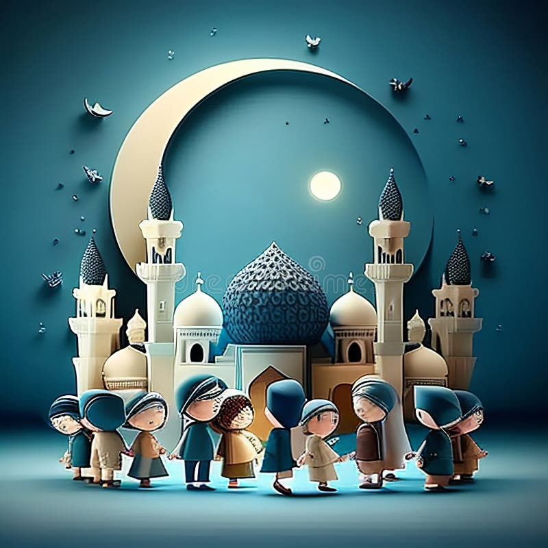 Illustration of Children in Front of the Mosque with the Theme of ...