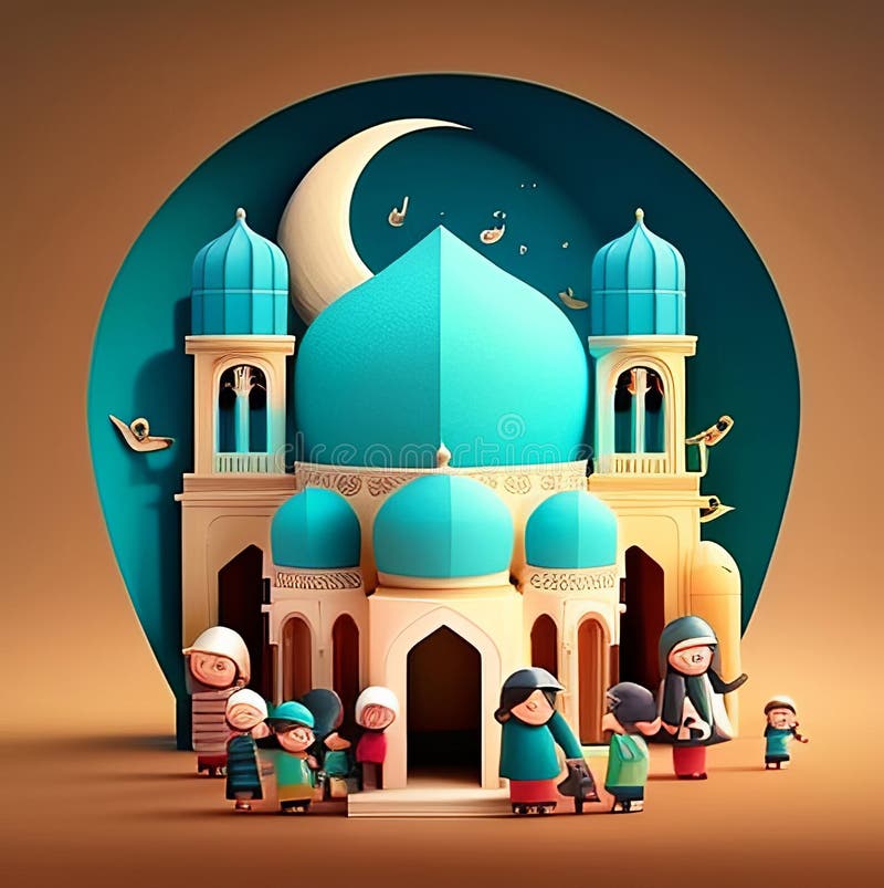 Illustration of Children in Front of the Mosque with the Theme of ...