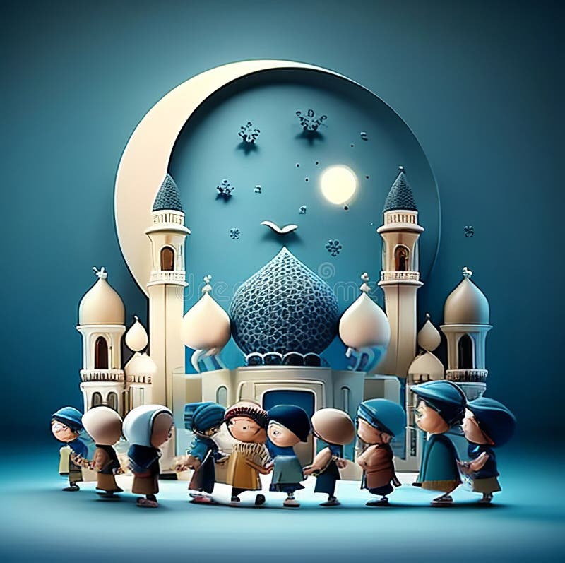 Illustration of Children in Front of the Mosque with the Theme of ...