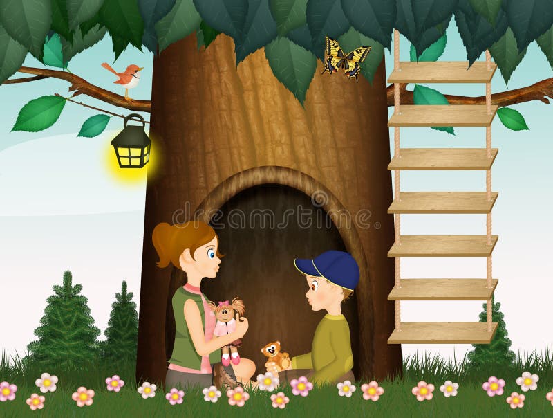 Illustration of Children Play with the Tree House Stock Illustration ...